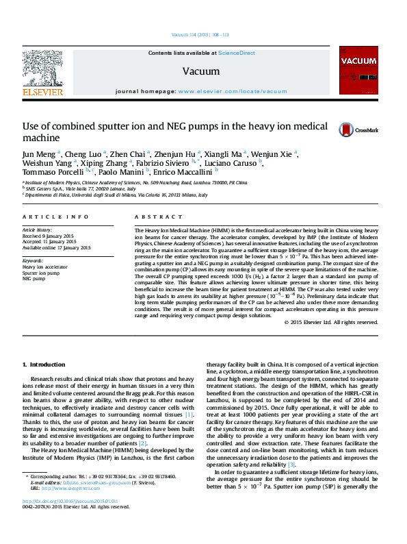 (PDF) Use of combined sputter ion and NEG pumps in the heavy ion ...
