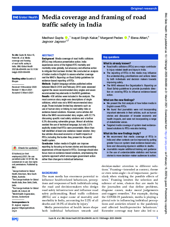 (PDF) Media coverage and framing of road traffic safety in India