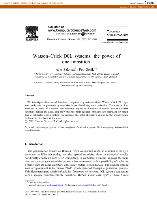(PDF) Watson–Crick D0L systems: the power of one transition