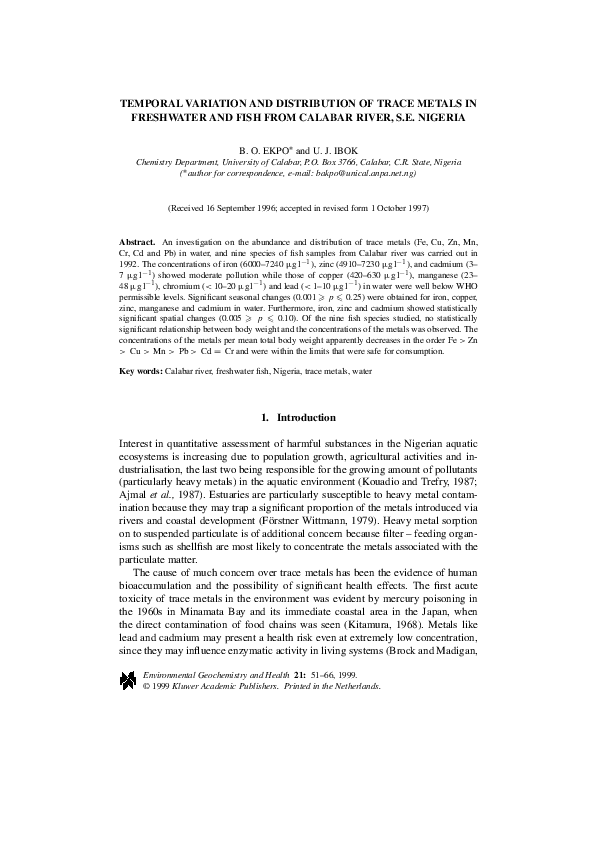 (PDF) Temporal variation and distribution of trace metals in freshwater ...