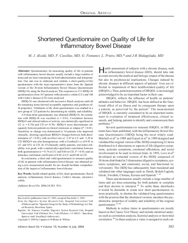 (PDF) Shortened Questionnaire on Quality of Life for Inflammatory Bowel ...