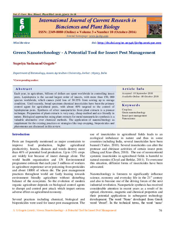 (PDF) Green Nanotechnology - A Potential Tool for Insect Pest Management