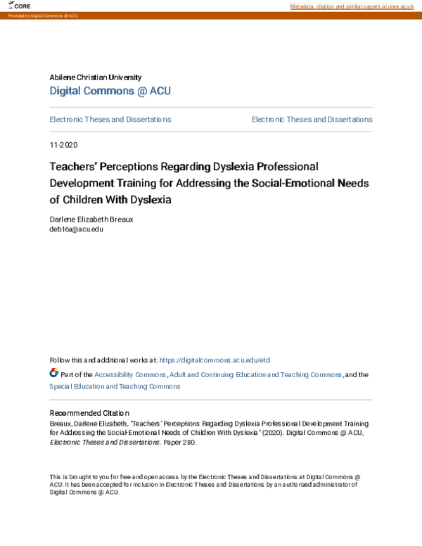 (PDF) Teachers’ Perceptions Regarding Dyslexia Professional Development ...