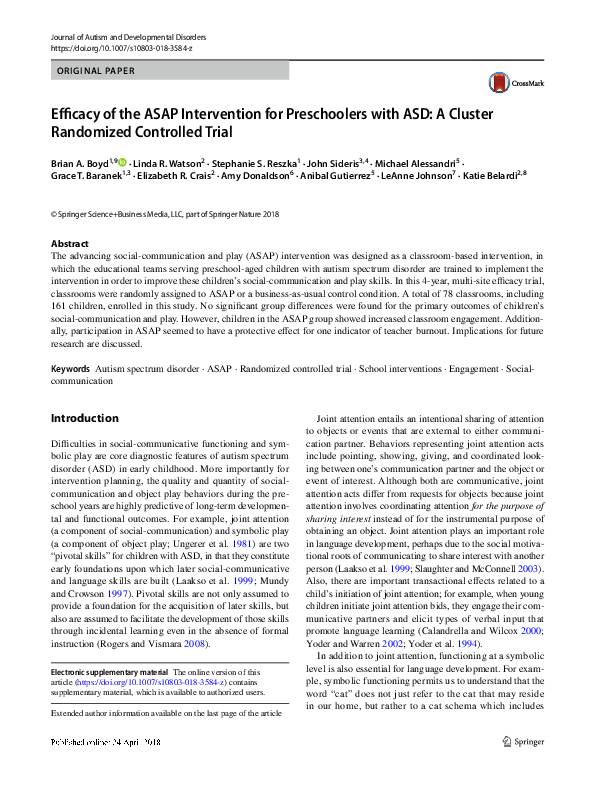 (PDF) Efficacy of the ASAP Intervention for Preschoolers with ASD: A ...