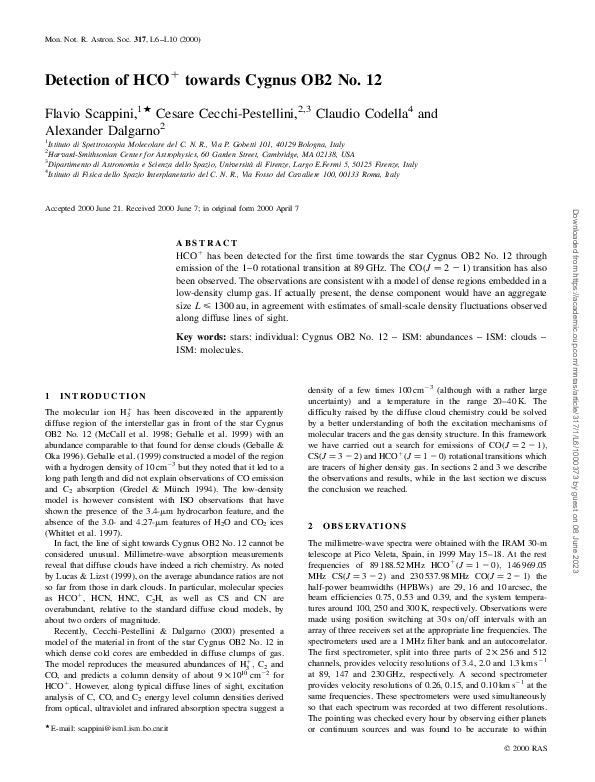 (PDF) Detection of HCO+ towards Cygnus OB2 No. 12 | flavio scappini ...