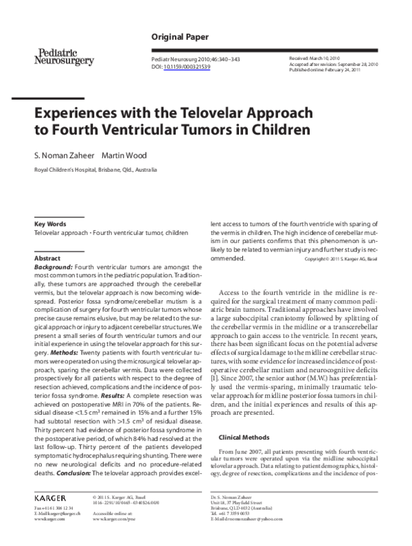 (PDF) Experiences with the telovelar approach to fourth ventricular ...