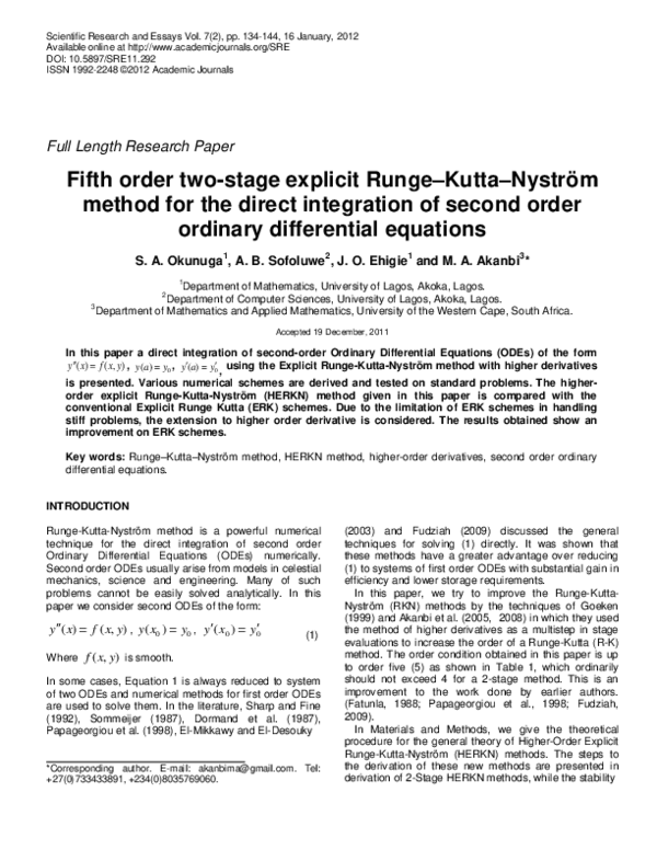 Pdf Fifth Order Two Stage Explicit Rungekuttanystrm Method For The Direct Integration Of