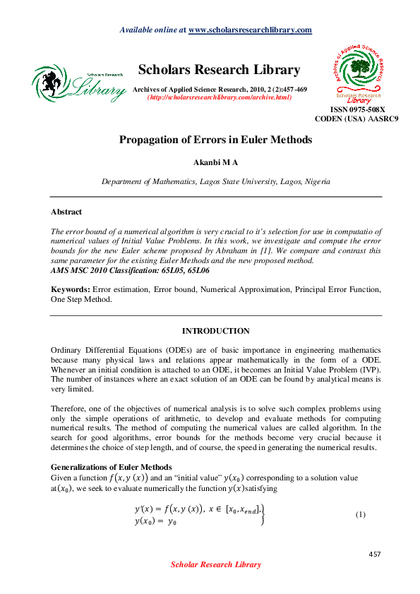 (PDF) Propagation of Errors in Euler Methods