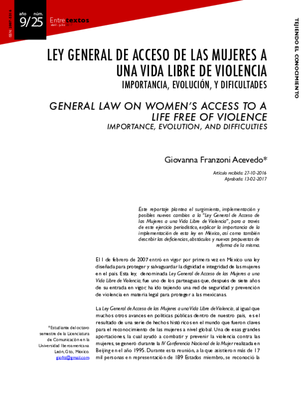(PDF) Ley general de acceso de las mujeres a una vida libre de violencia