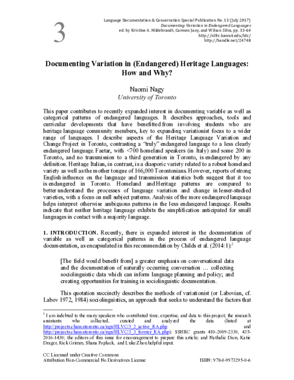 (PDF) Documenting variation in (endangered) heritage languages: how and why?
