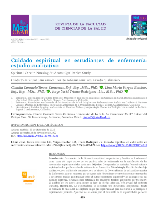 (PDF) Spiritual Care in Nursing Students: Qualitative Study | Revista MedUNAB and Claudia Torres ...