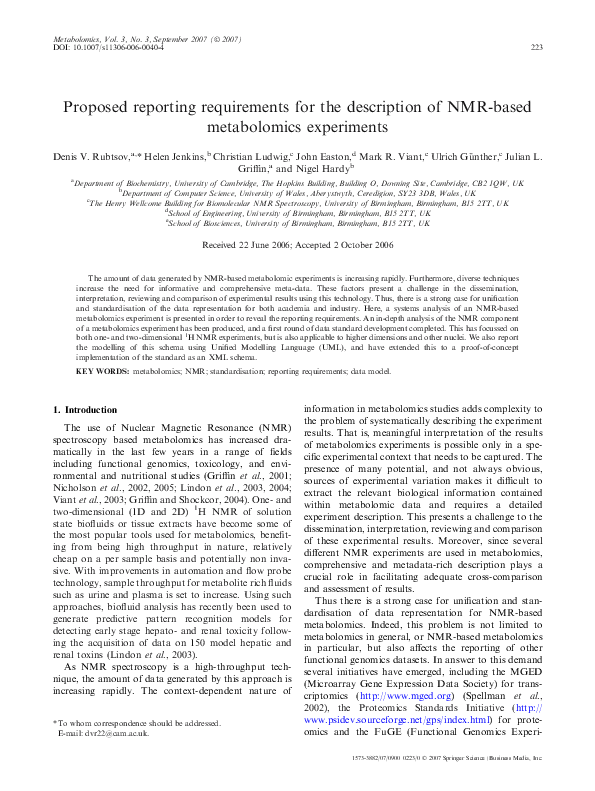 (PDF) Proposed reporting requirements for the description of NMR-based metabolomics experiments