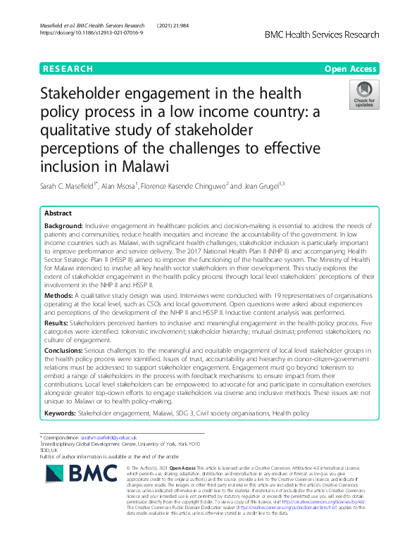 (PDF) Stakeholder engagement in the health policy process in a low ...