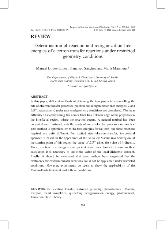 (PDF) Determination of Reaction and Reorganization Free Energies of ...