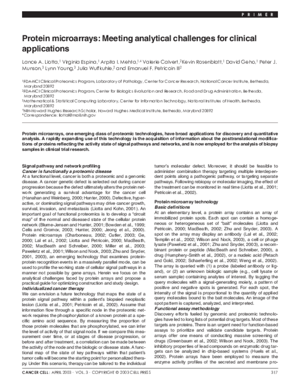 (PDF) Protein microarrays: Meeting analytical challenges for clinical ...