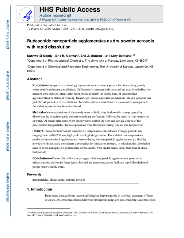 (PDF) Budesonide Nanoparticle Agglomerates as Dry Powder Aerosols With ...