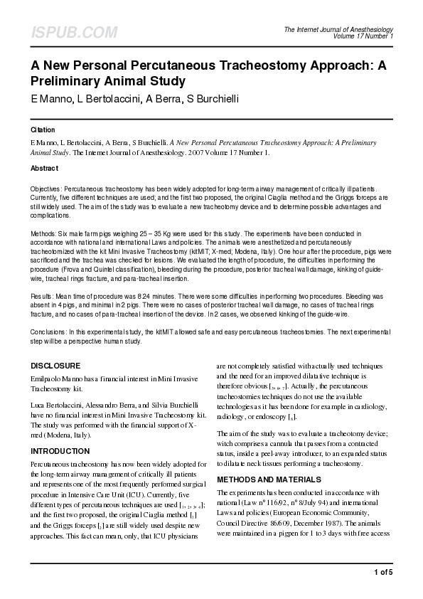 (PDF) A New Personal Percutaneous Tracheostomy Approach: A Preliminary ...