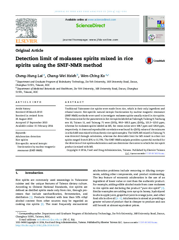 (PDF) Detection limit of molasses spirits mixed in rice spirits using ...