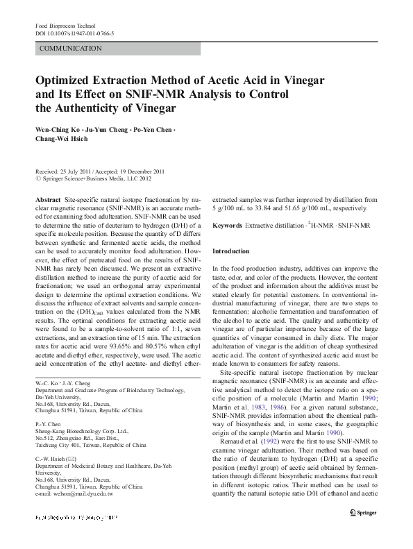 (PDF) Optimized Extraction Method of Acetic Acid in Vinegar and Its ...