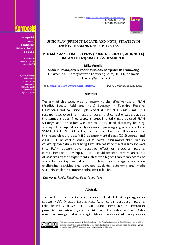 (PDF) Using Plan (Predict,Locate, Add, Note) Strategy in Teaching ...