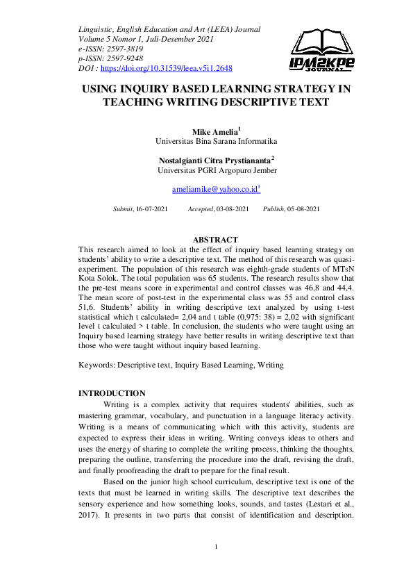 (PDF) Using Inquiry Based Learning Strategy in Teaching Writing Descriptive Text