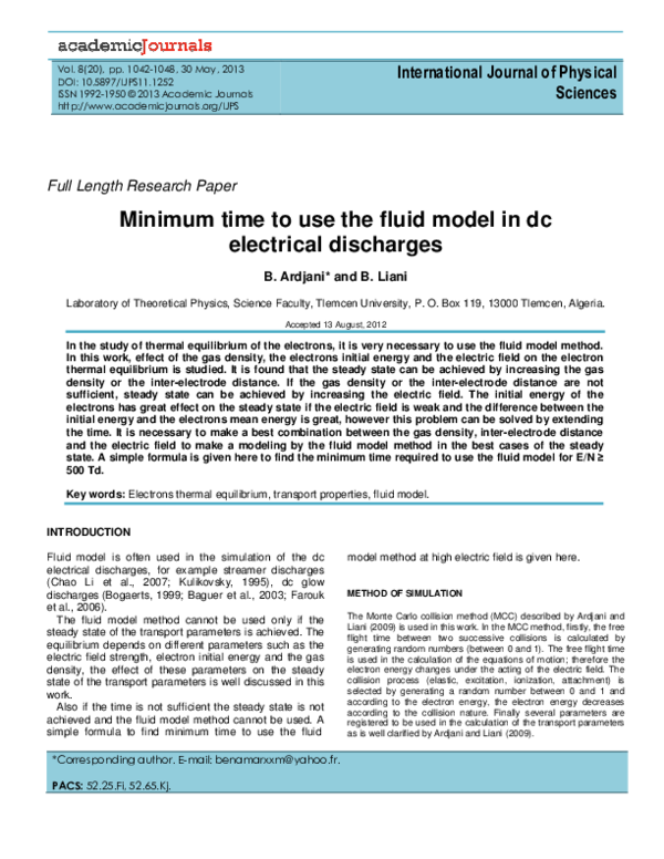 (PDF) Minimum time to use the fluid model in dc electrical discharges