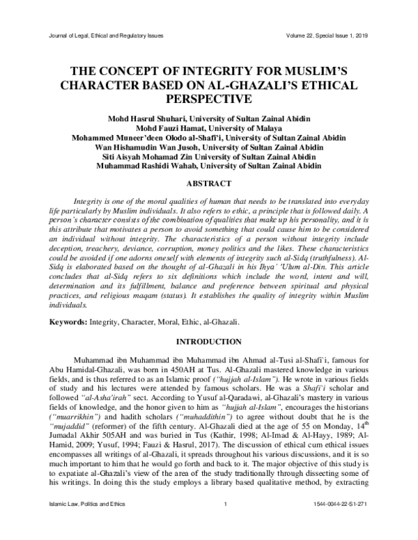 (PDF) The Concept of Integrity for Muslim's Character Based on Al ...