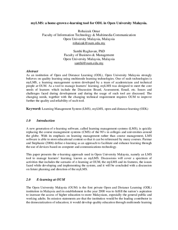 (PDF) myLMS: A home-grown e-learning tool for ODL in Open University ...