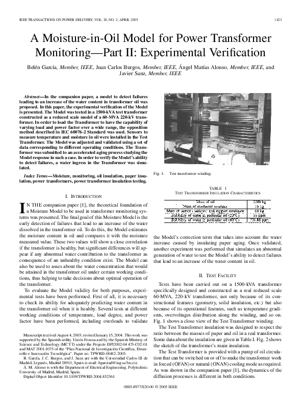 (PDF) A Moisture-in-Oil Model for Power Transformer Monitoring—Part I: Theoretical Foundation