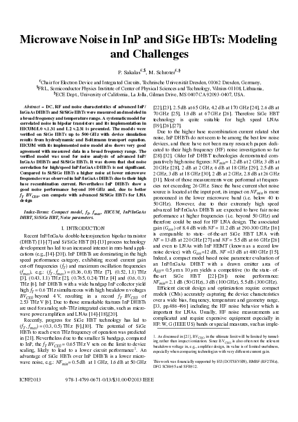 (PDF) Microwave noise in InP and SiGe HBTs: Modeling and challenges