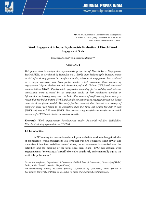 (PDF) Work Engagement in India: Psychometric Evaluation of Utrecht Work ...