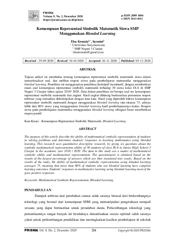 (PDF) Kemampuan Representasi Simbolik Matematik Siswa SMP Menggunakan Blended Learning