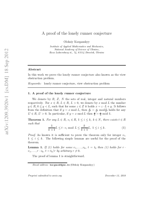 (PDF) A proof of the lonely runner conjecture