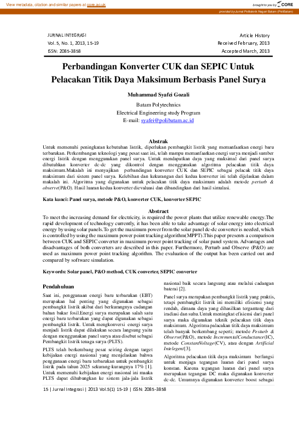 (PDF) Perbandingan Konverter CUK dan SEPIC Untuk Pelacakan Titik Daya Maksimum Berbasis Panel Surya