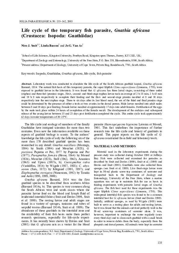 (PDF) Life cycle of the temporary fish parasite, Gnathia africana ...