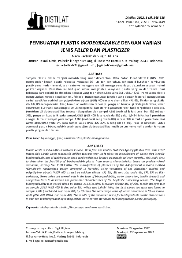 (PDF) Pembuatan Plastik Biodegradable Dengan Variasi Jenis Filler Dan Plasticizer