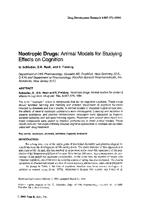 (PDF) Nootropic drugs: Animal models for studying effects on cognition
