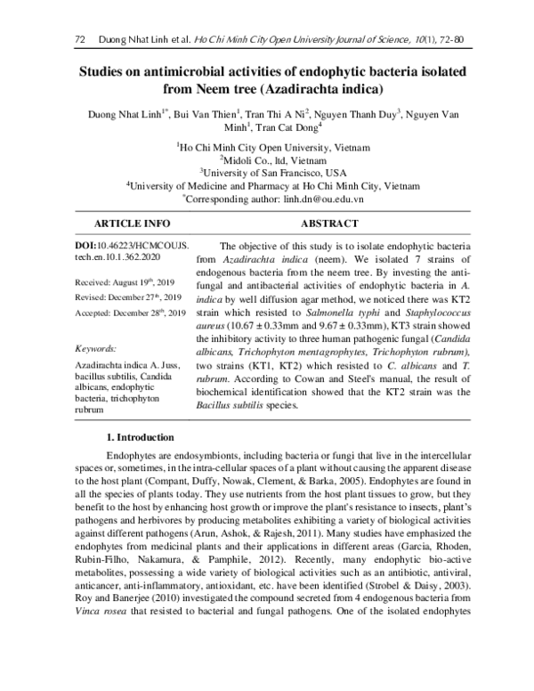 (PDF) Studies on antimicrobial activities of endophytic bacteria isolated from Neem tree ...