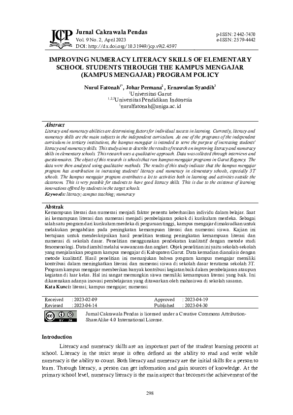 (PDF) Improving Numeracy Literacy Skills of Elementary School Students Through the Kampus ...