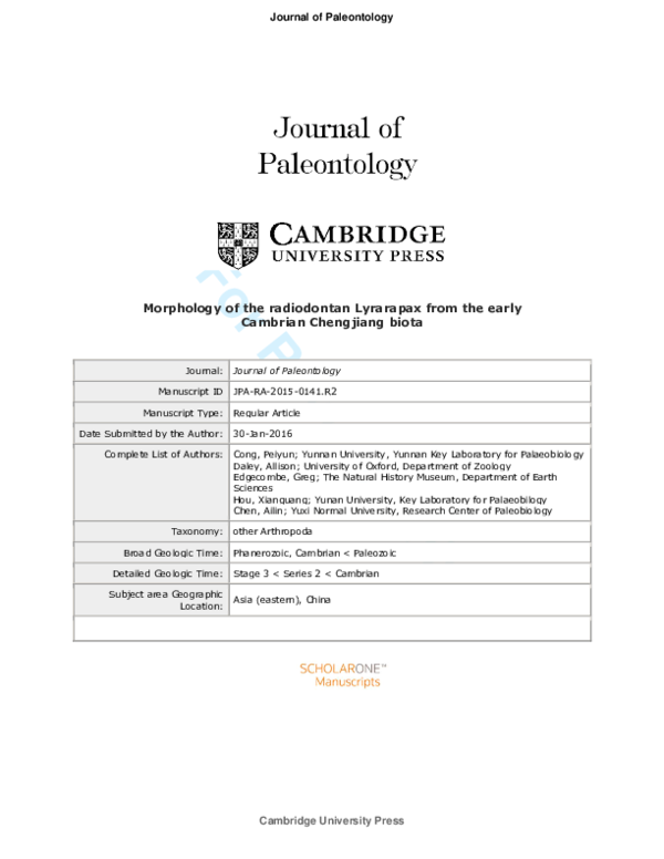 (PDF) Morphology of the radiodontan Lyrarapax from the early Cambrian ...