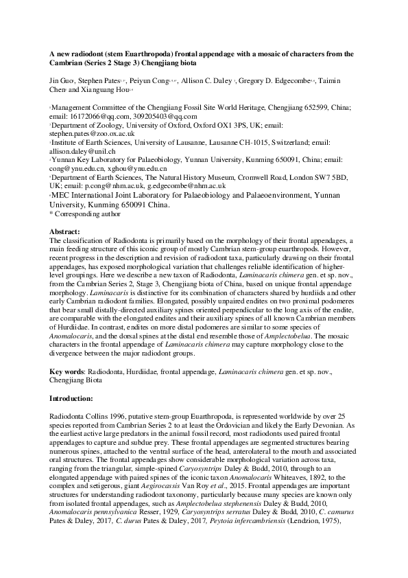 (PDF) A new radiodont (stem Euarthropoda) frontal appendage with a ...