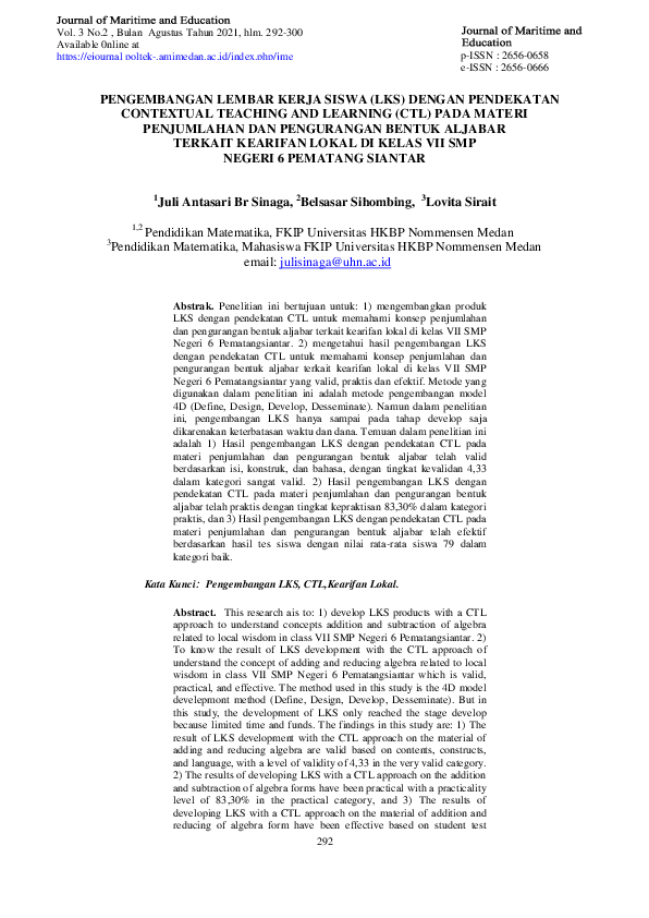 (PDF) Pengembangan Lembar Kerja Siswa (LKS) Dengan Pendekatan Contextual Teaching and Learning ...