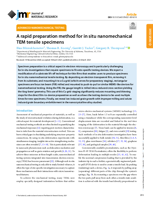 A rapid preparation method for in situ nanomechanical TEM tensile specimens