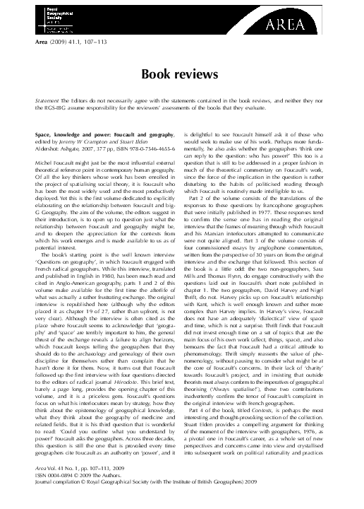 (PDF) Space, knowledge and power: Foucault and geography - Edited by ...