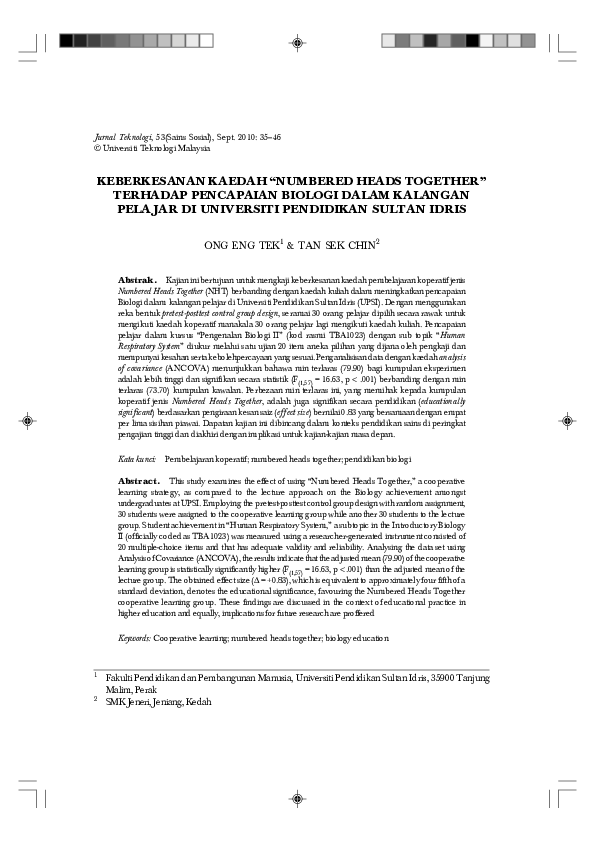 (PDF) Keberkesanan Kaedah “Numbered Heads Together” Terhadap Pencapaian ...