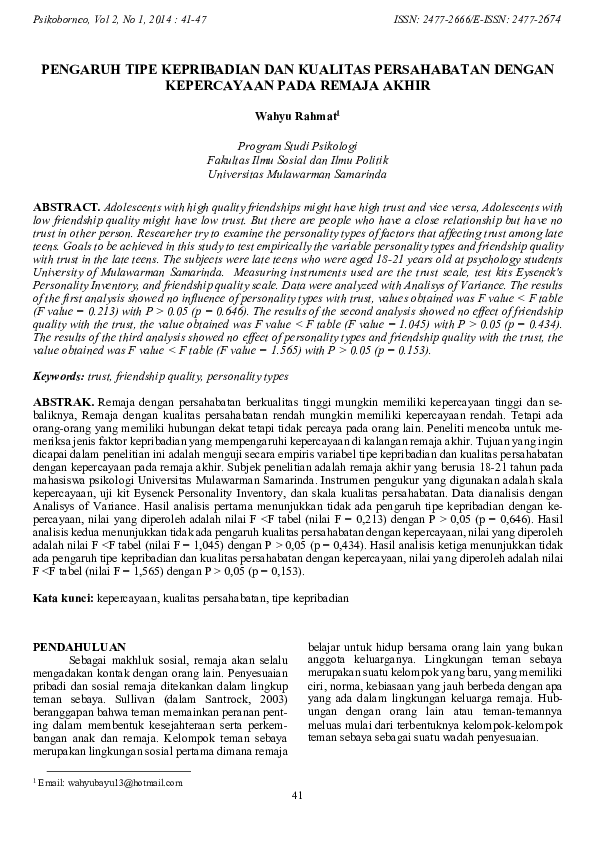 (PDF) Pengaruh Tipe Kepribadian dan Kualitas Persahabatan dengan ...