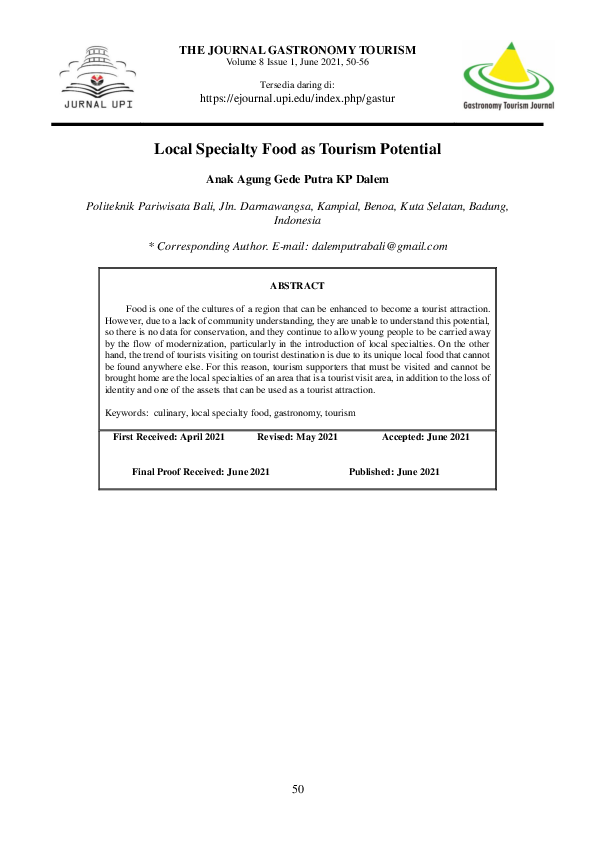(PDF) Local Specialty Food as Tourism Potential