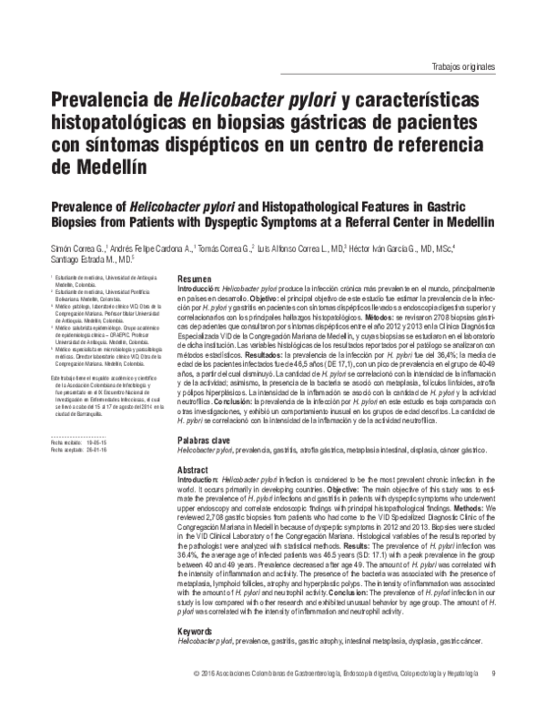 (PDF) Prevalencia de Helicobacter pylori y características ...