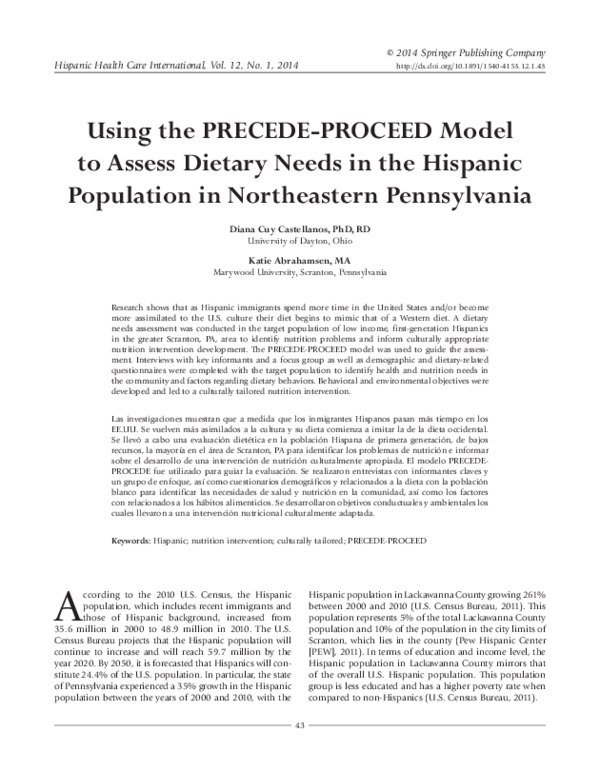 (PDF) Using the PRECEDE-PROCEED Model to Assess Dietary Needs in the ...