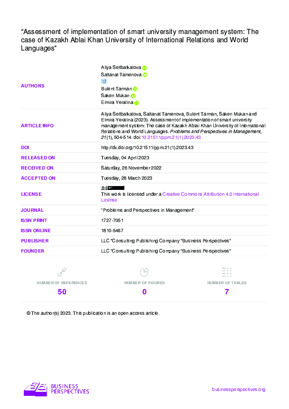 (PDF) Assessment of implementation of smart university management system: The case of Kazakh ...